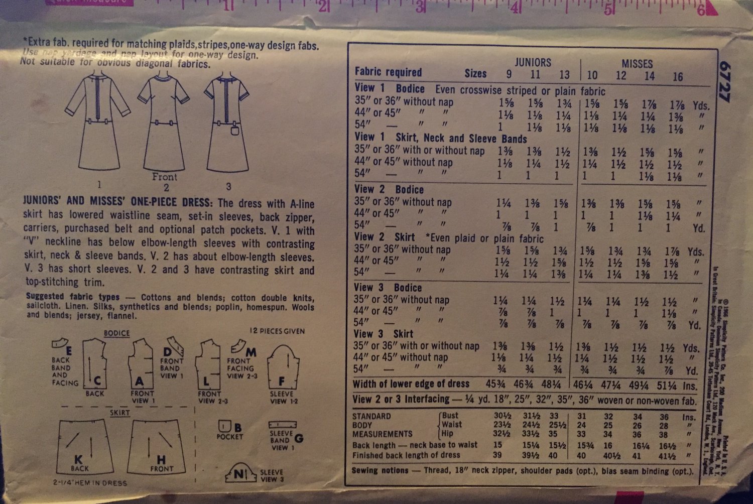 Simplicity 6727 Misses Vintage 1966 Dress Sewing Pattern size 14 Bust 34