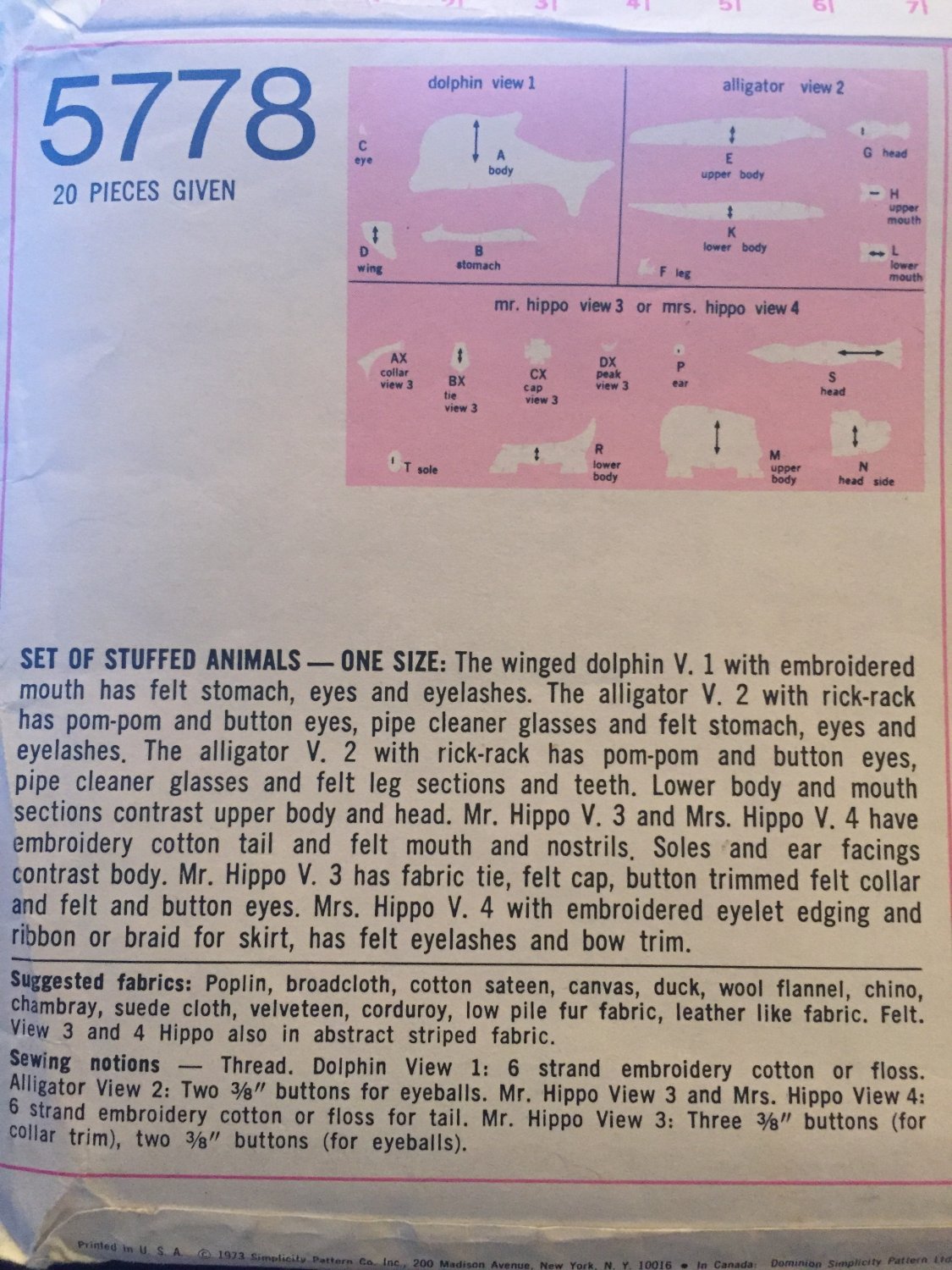Simplicity 5778 Set of Stuffed Toys Pattern Dolphin Alligator Mr Mrs ...