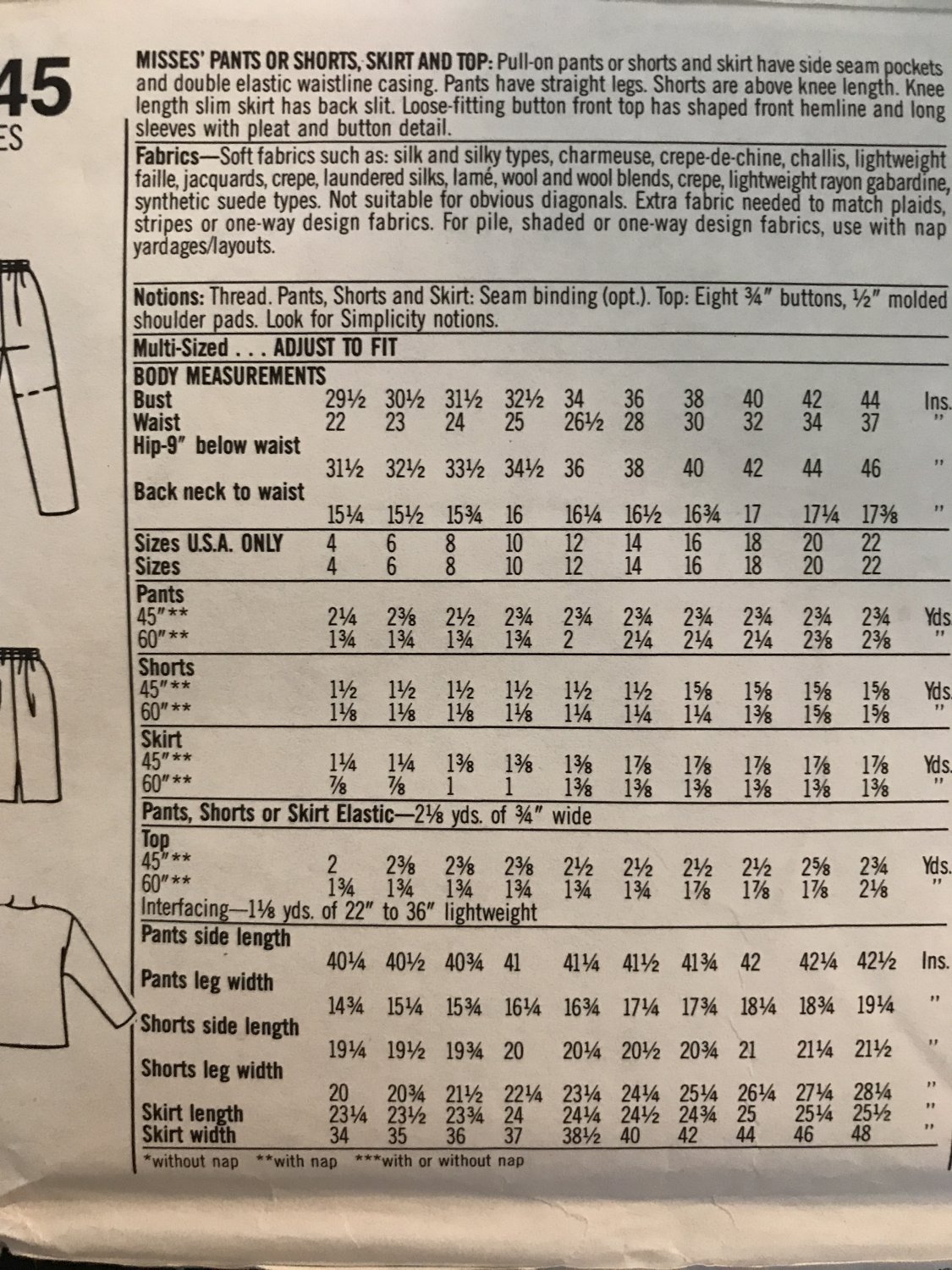 Simplicity 7445 Misses Pull-on Pants Shorts Pullover Top Skirt Sewing ...