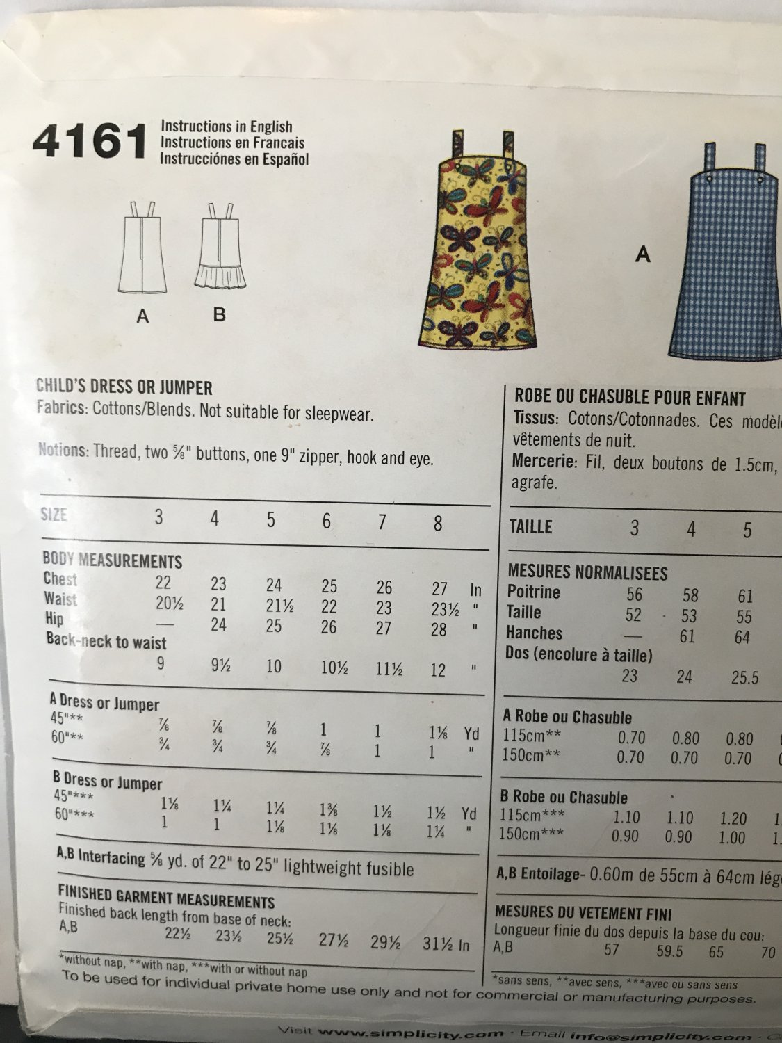 Simplicity 4161 sewing pattern Girl's Dress or Jumper Size 3-8 Uncut
