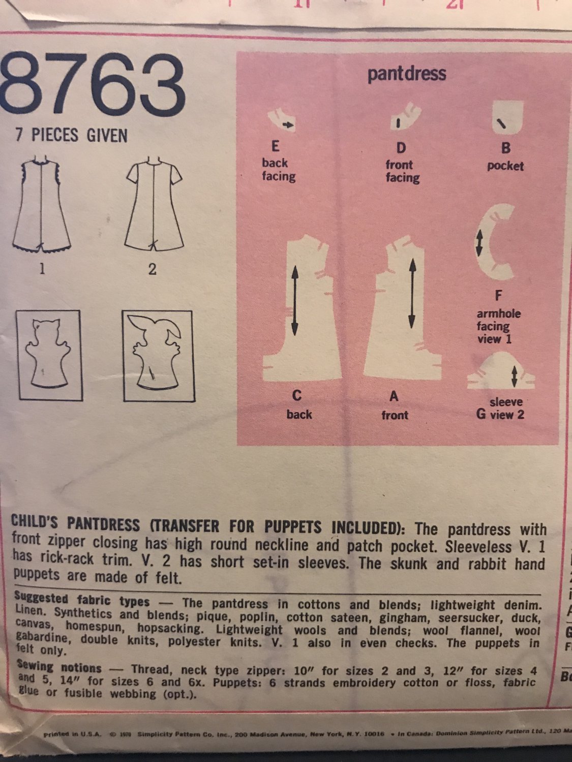 Simplicity 8763 Child's Pantdress and puppets Size 4 breast 23" Sewing ...