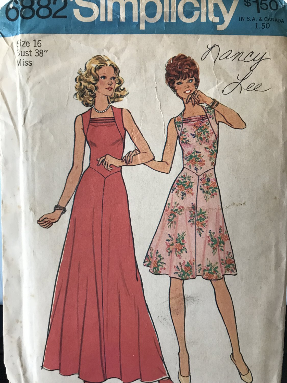 Simplicity 6882 Dress Sewing Pattern in two lengths 1970s Size 16 Bust 38