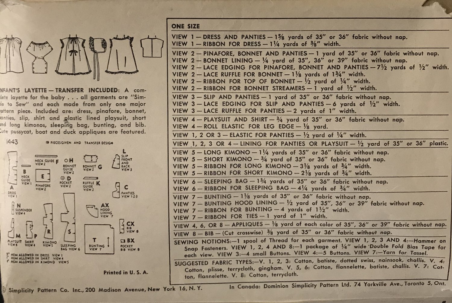 Simplicity 1443 Infant Layette, Bunting, Kimono, slip,..Vintage, Circa ...
