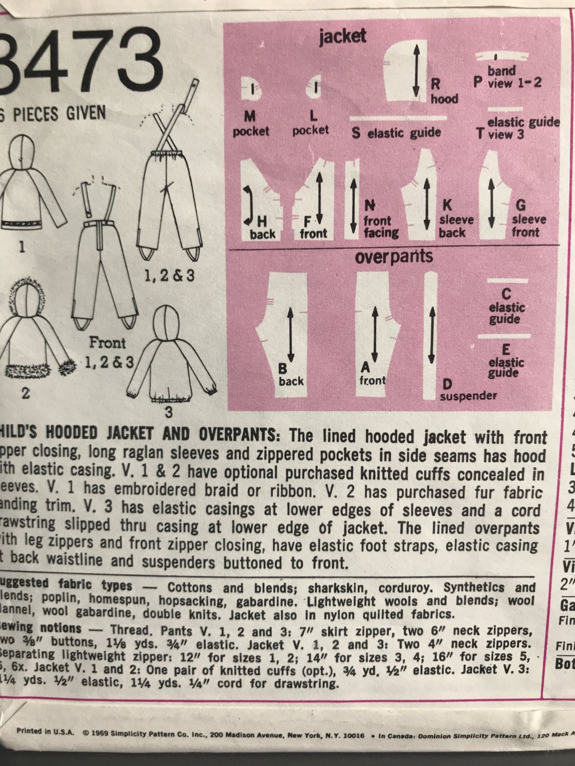 Simplicity 8473 Child's Hooded Jacket and Overpants Sewing Pattern Size ...