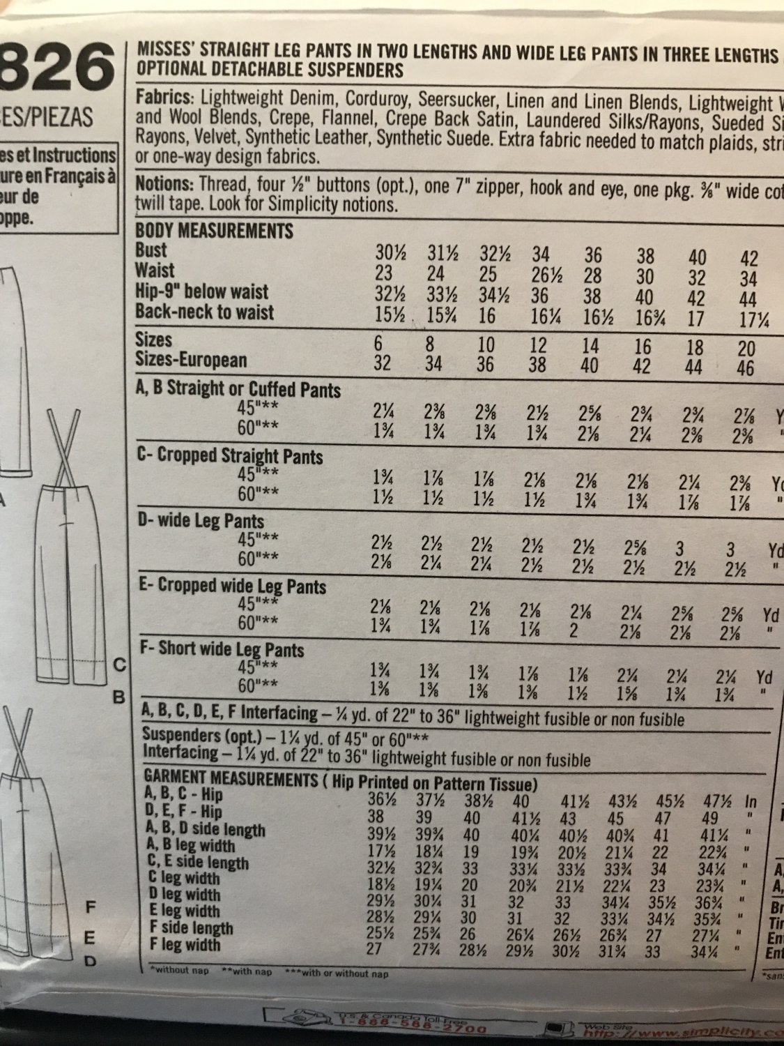 Simplicity 9826 Gauchos & Pants with Leg Width Variations Sizes 6 to 12 ...