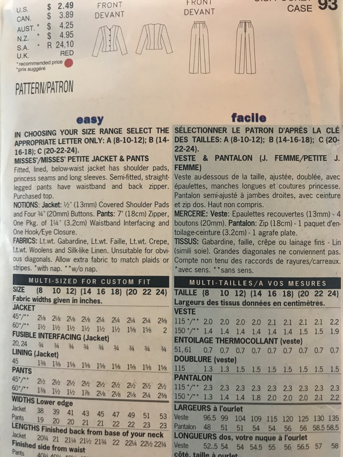 Butterick 6913 See & Sew Jacket and Pants sewing Pattern Size 8 - 10 - 12