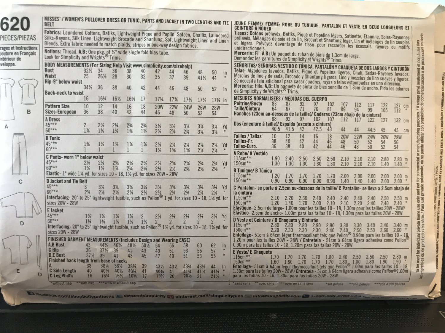 Simplicity Sewing Pattern 1620 Misses Pullover Dress Tunic Pants Jacket ...