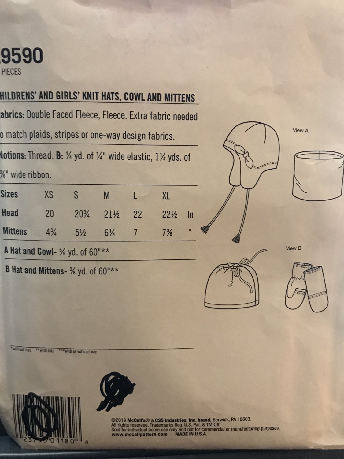 McCalls 9590 Sew Simple Childrens' Hat Mittens Cowl Bag Sewing Pattern ...