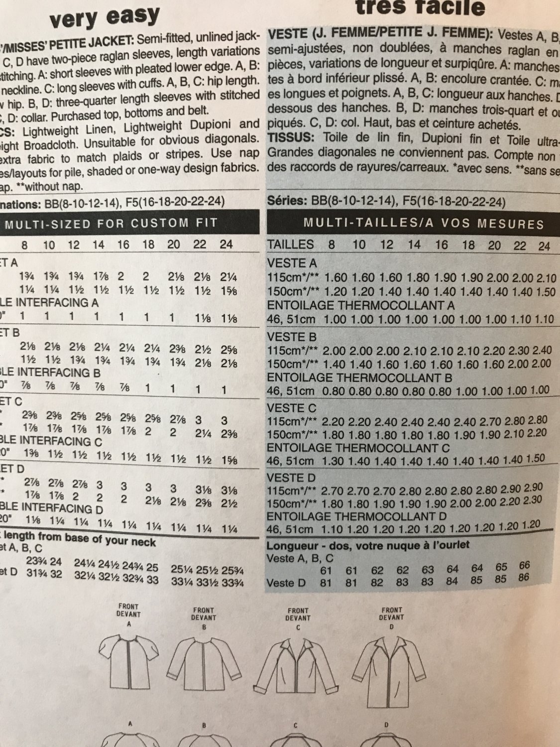 Butterick 5467 Sewing Pattern for Unlined Raglan Sleeve Jacket in 2 ...