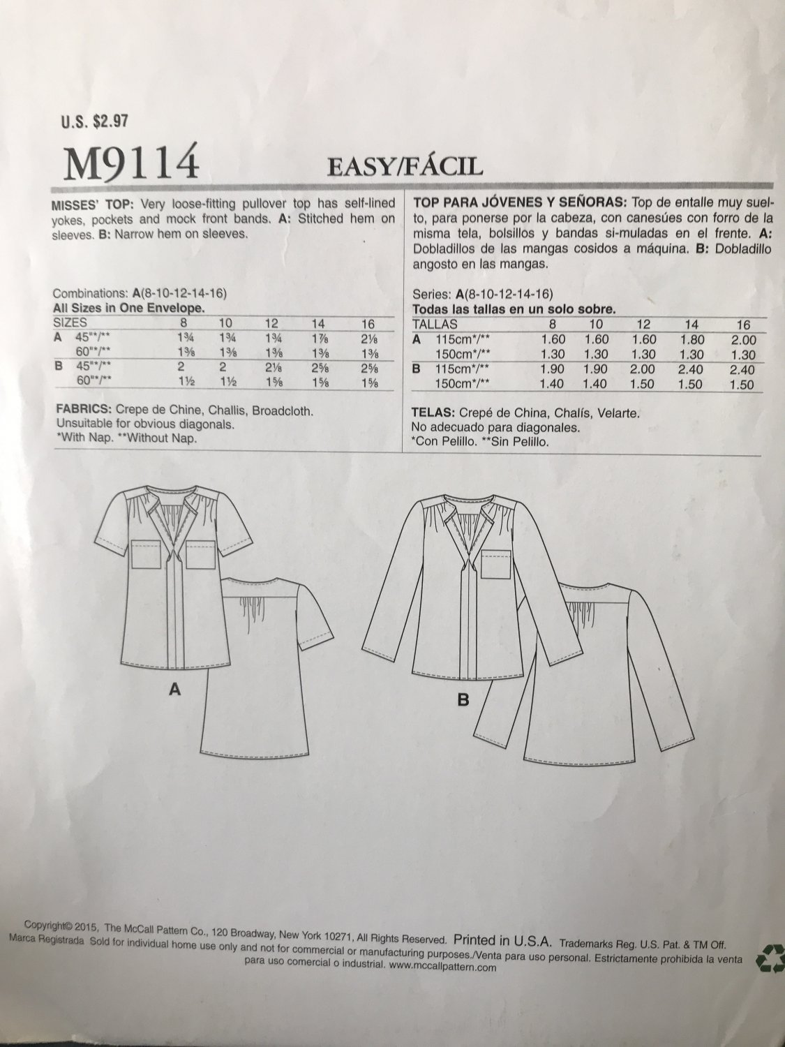 Easy Stitch 'n Save Mccalls 9114 Misses' Top Uncut Sewing Pattern size ...