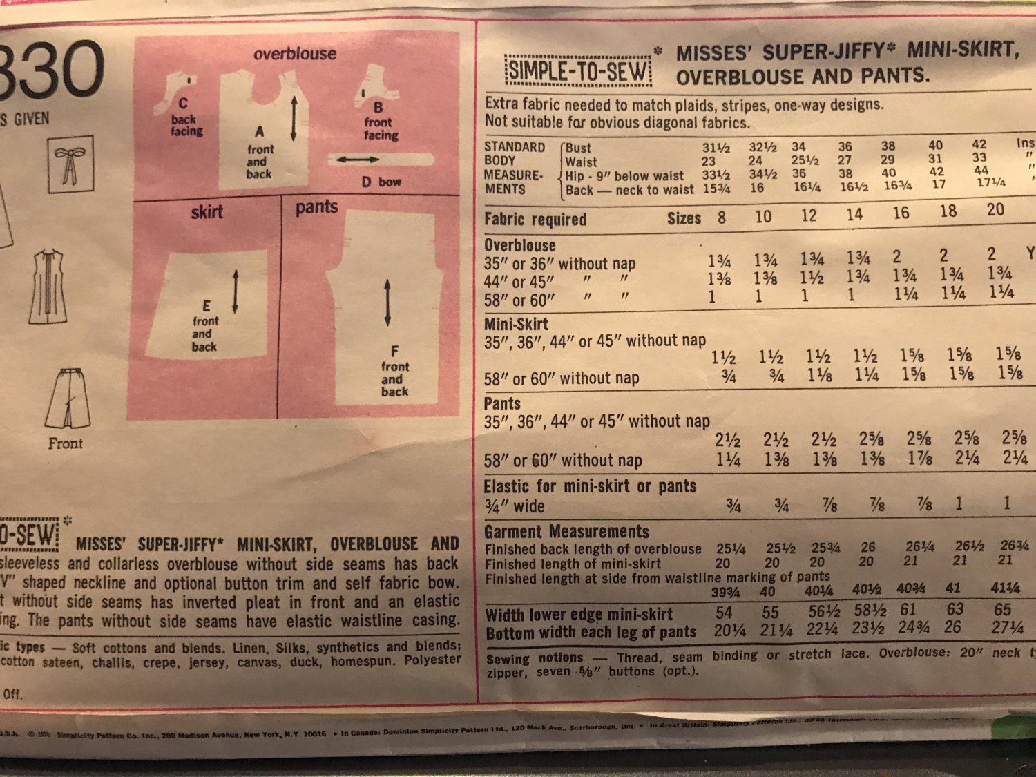 Simplicity 8830 Simple-To-Sew Misses' Super-Jiffy Mini-Skirt ...