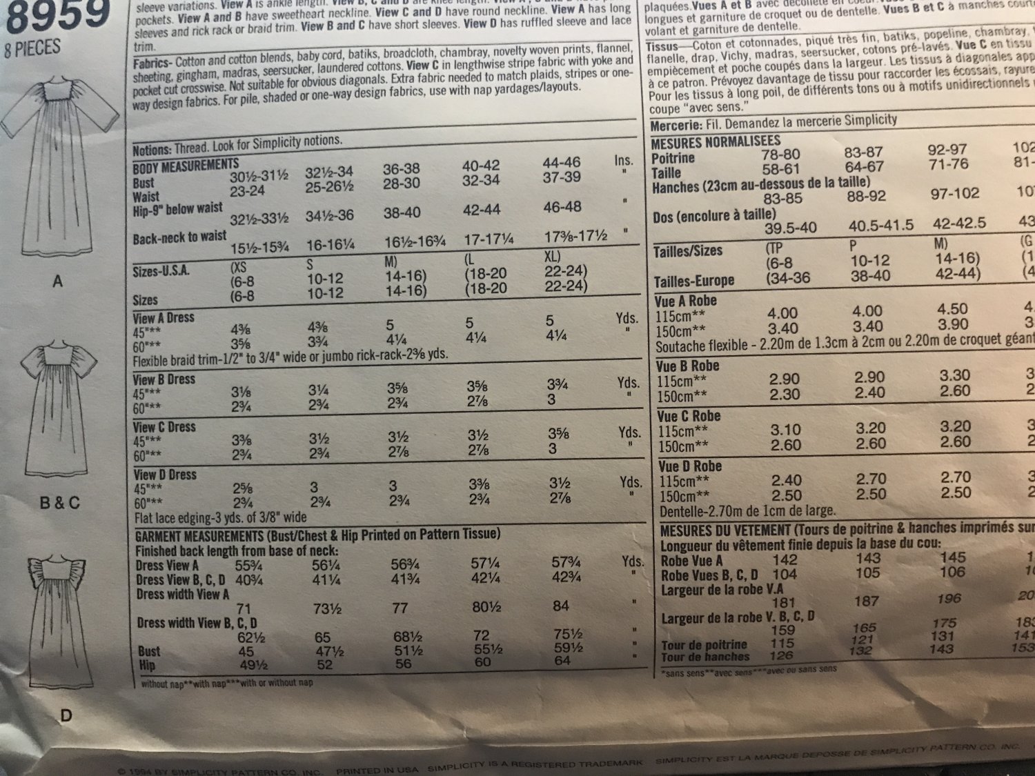 Simplicity 8959 Pullover Caftan House Dress Muu Muu size XS S M Sewing ...