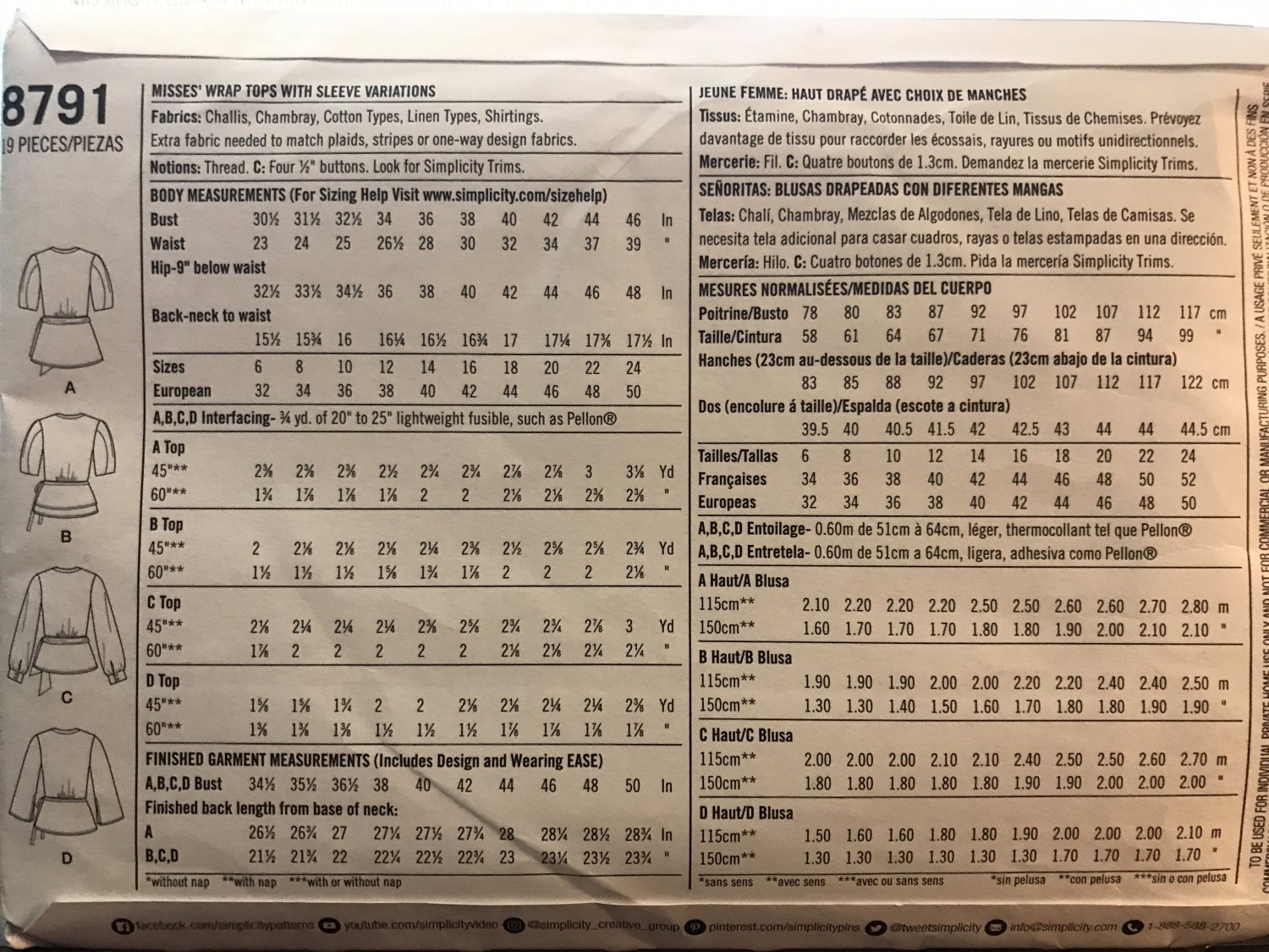 Simplicity 8791 Sewing Pattern Misses' Wrap Top Sleeve Variations plus ...