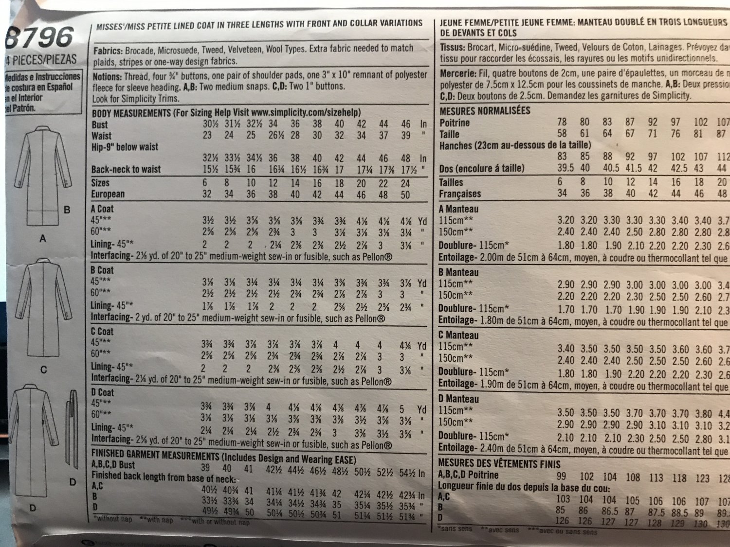 Simplicity 8796 Misses' Wrap Coat Sewing Pattern size 6 - 14
