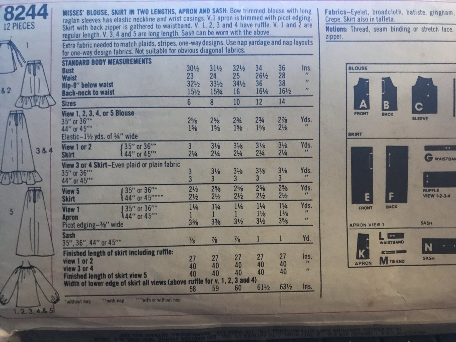 Simplicity 8244 Misses' Blouse, Skirt in Two Lengths, Apron and Sash ...
