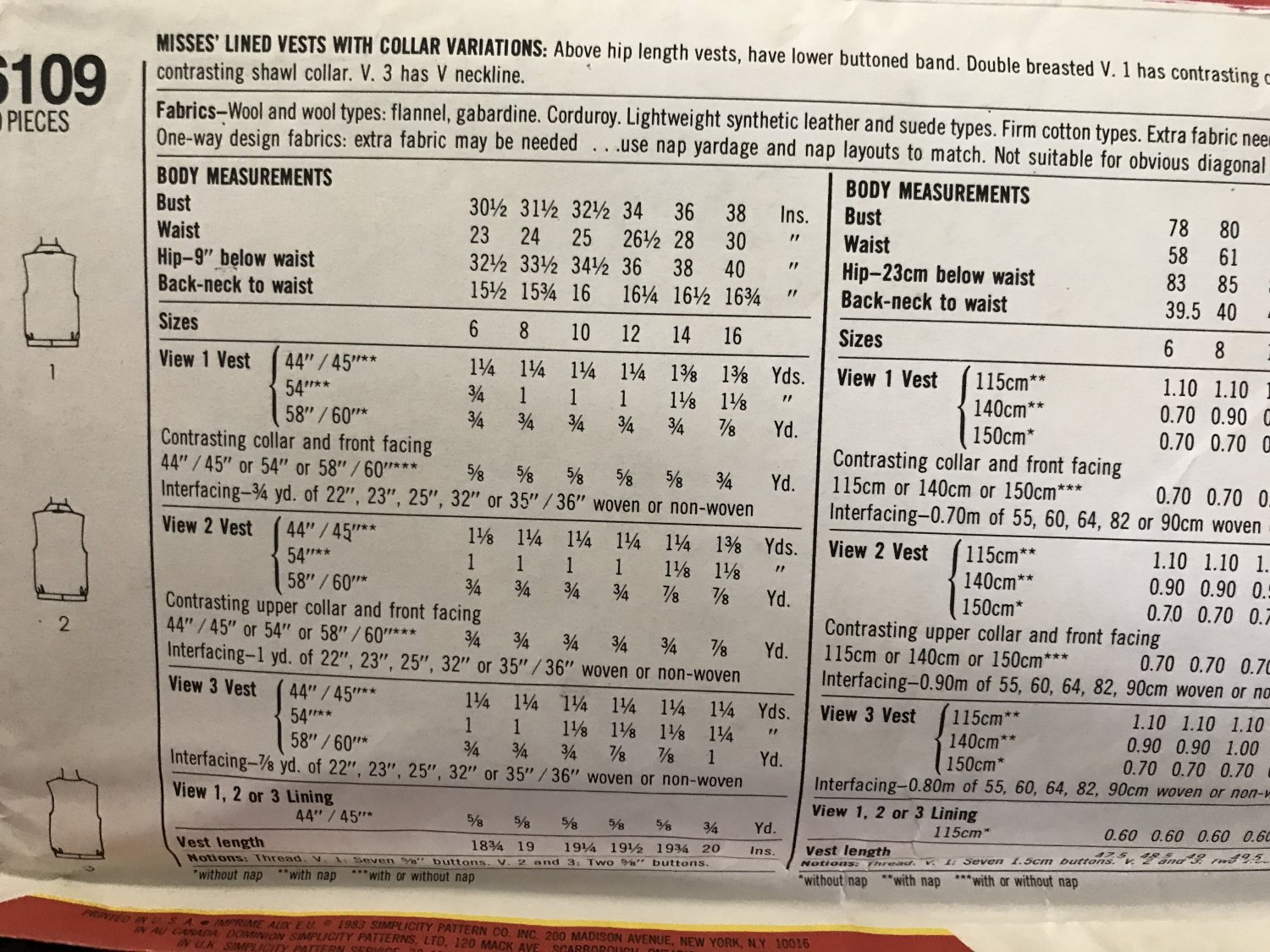 Simplicity 6109 Overnight success Lined Vests with Collar Variations ...