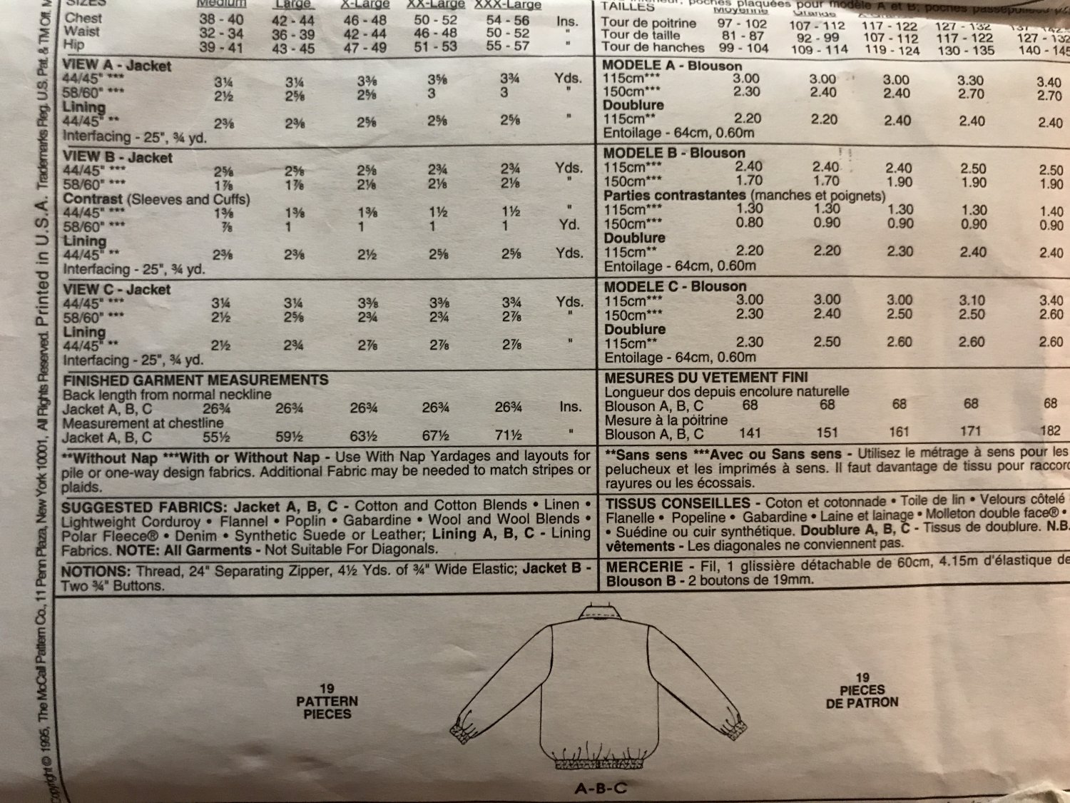 McCalls 7796 Mens Bomber Jacket Pattern - Lined / Patch or Welt Pockets ...