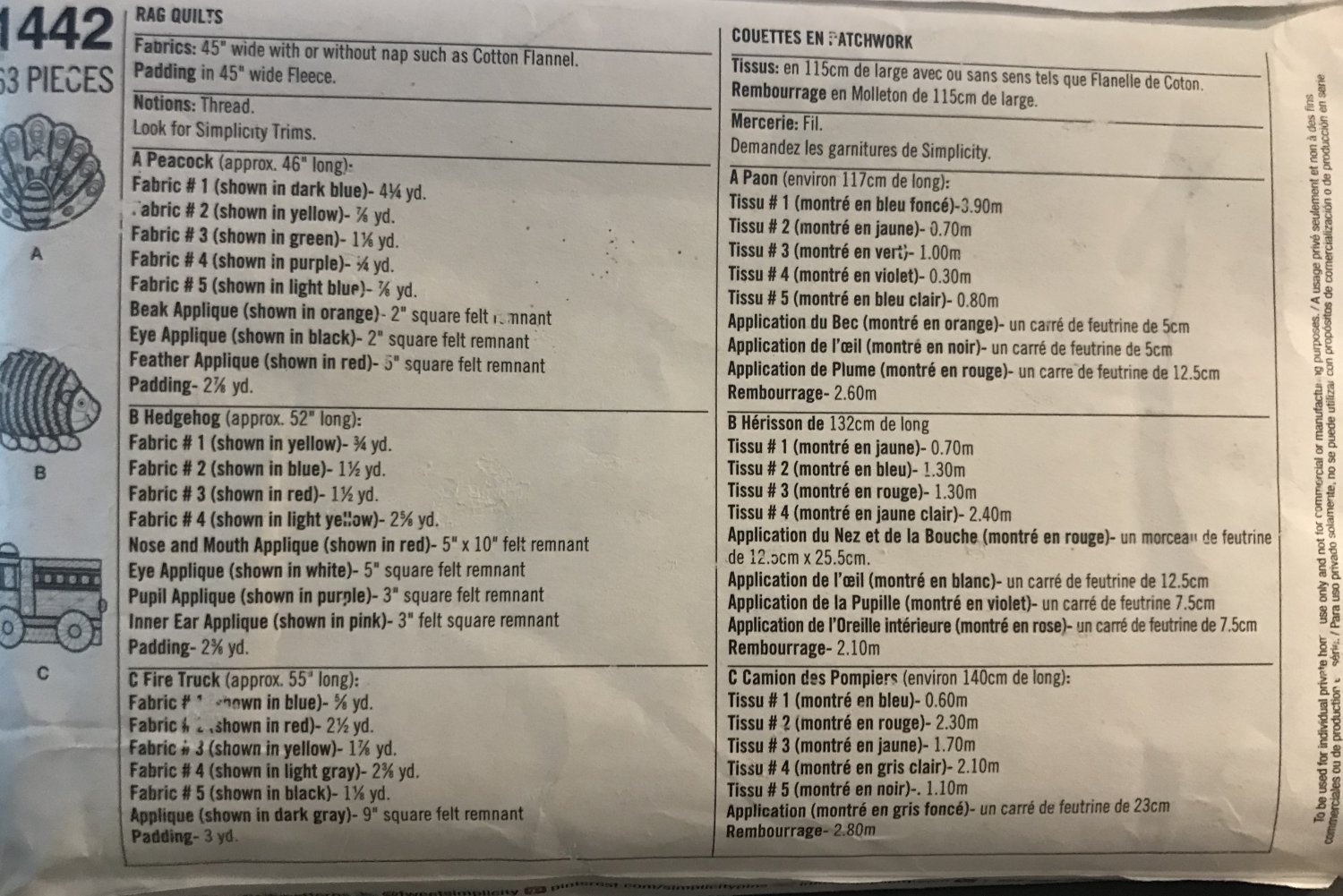 Simplicity 1442 Sew Pattern RAG QUILTS Peacock Fire Truck Hedgehog ...