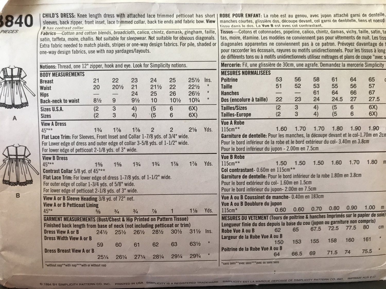 Simplicity 8840 Child's Dress with collar Sewing Pattern Size 5 6 6X