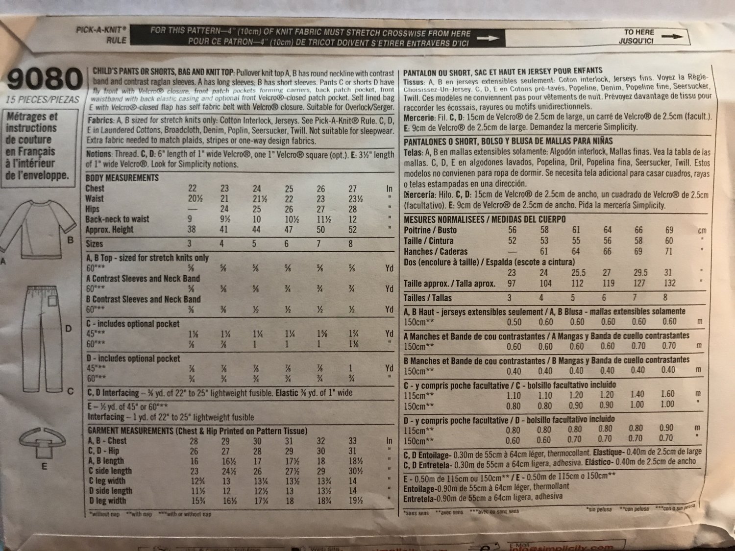 Simplicity Sewing Pattern 9080 Child's Pants or Shorts, Bag and Knit ...