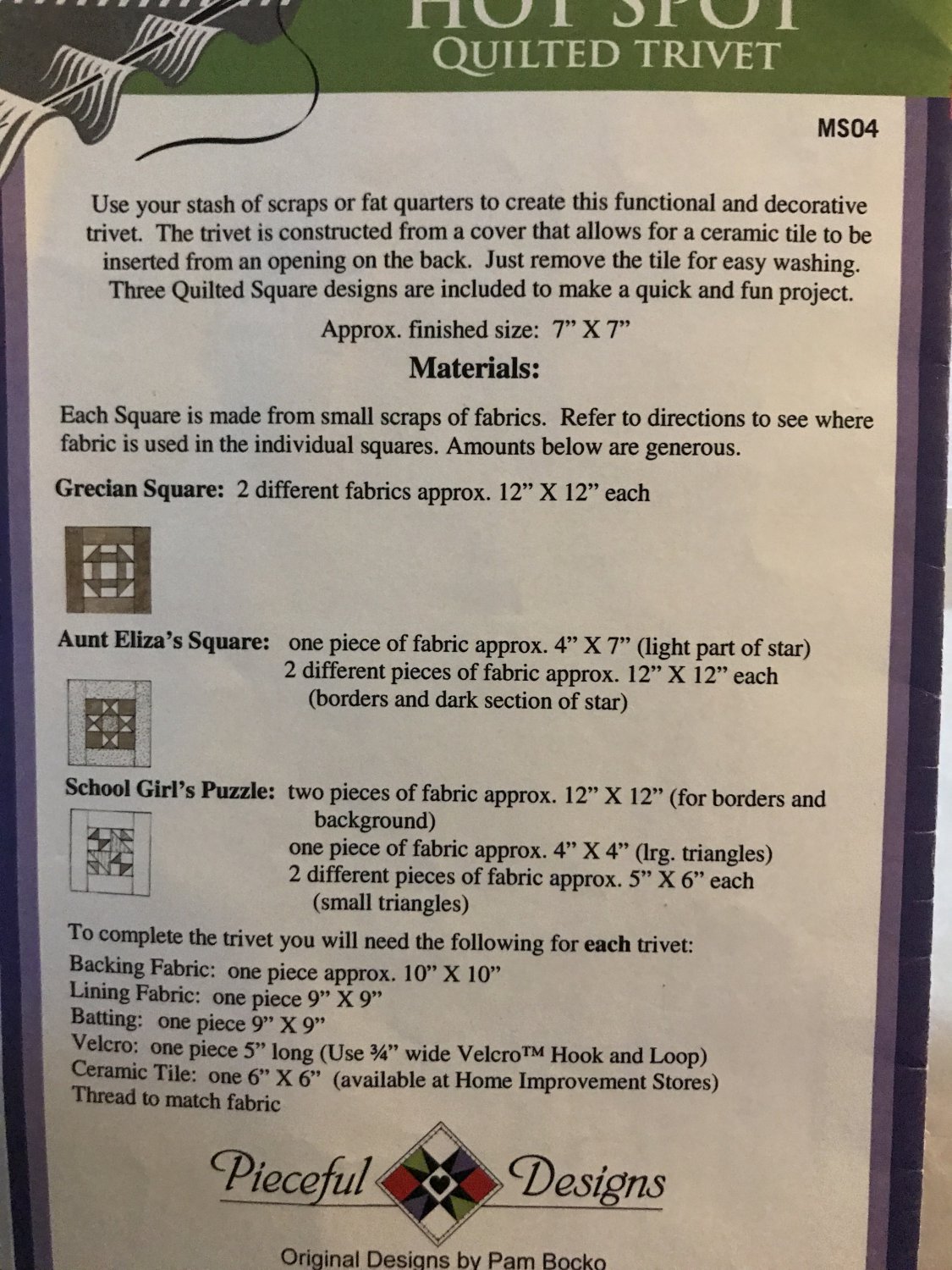 Pieceful Designs Hot Spot Quilted Trivet Pattern MS04