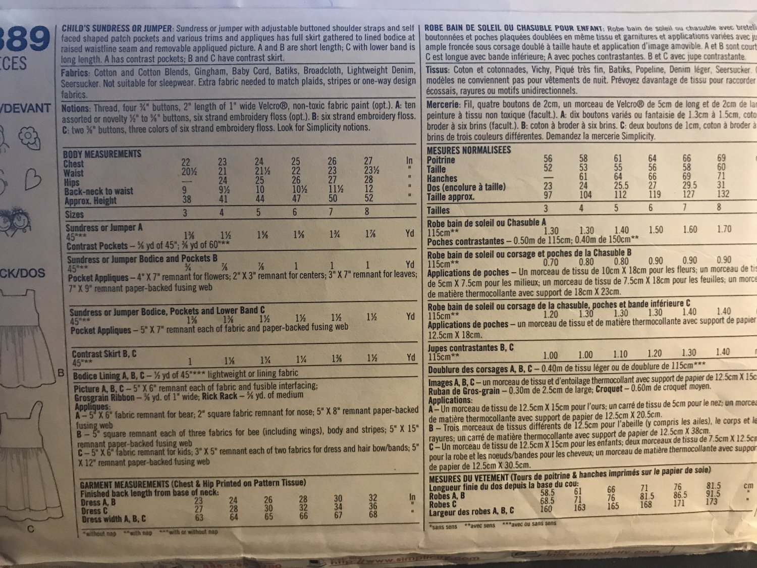 Simplicity 8389 Girls' Jumper with appliques Sewing Pattern size 3 4 5 6