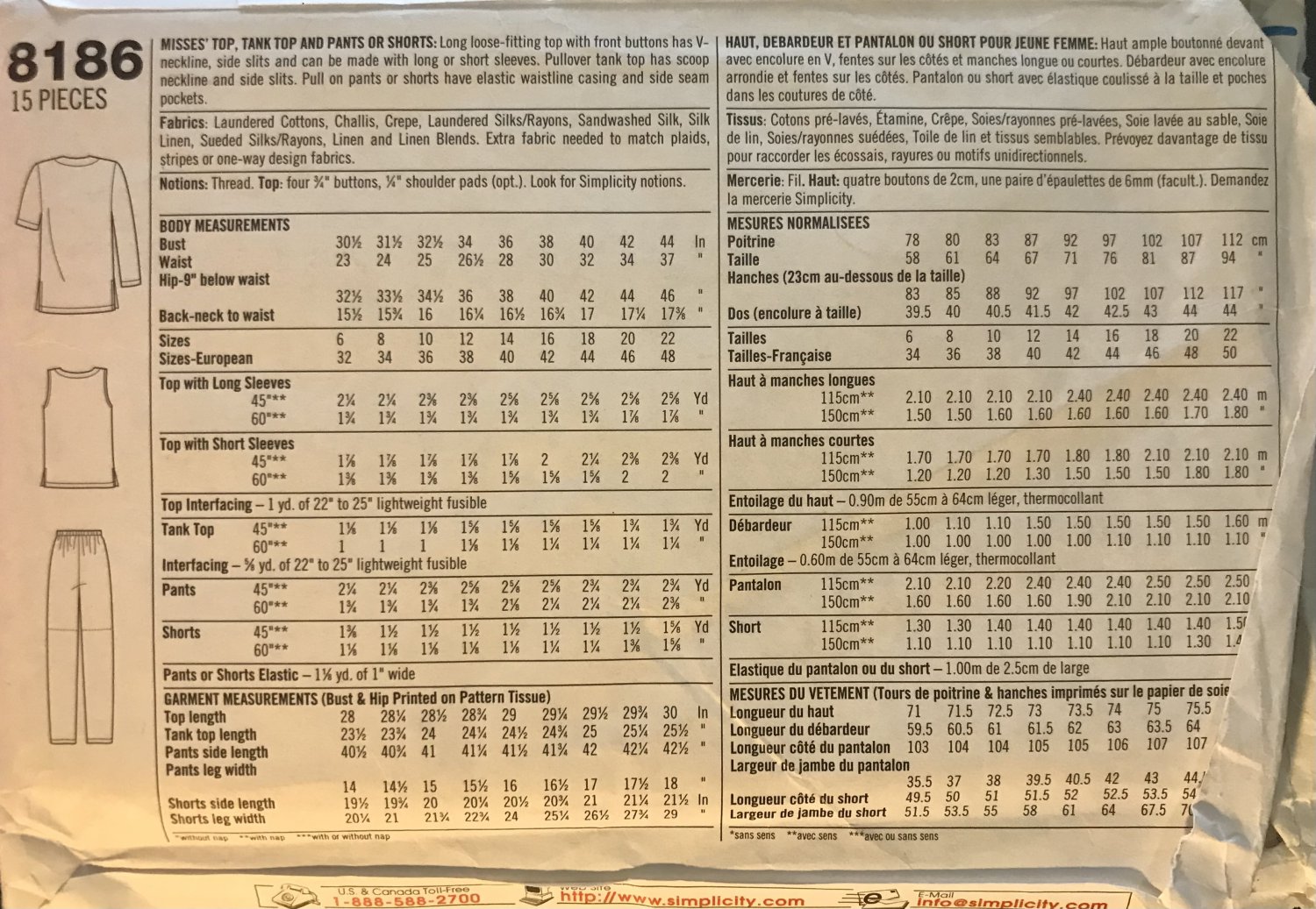 Simplicity 8186 Sewing Pattern Misses' Top, Tank Top, Pants or Shorts ...