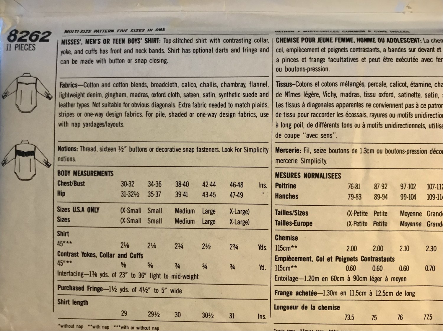 Simplicity 8262 Misses', Men's, or Teen Boy's Western Shirt Sewing ...