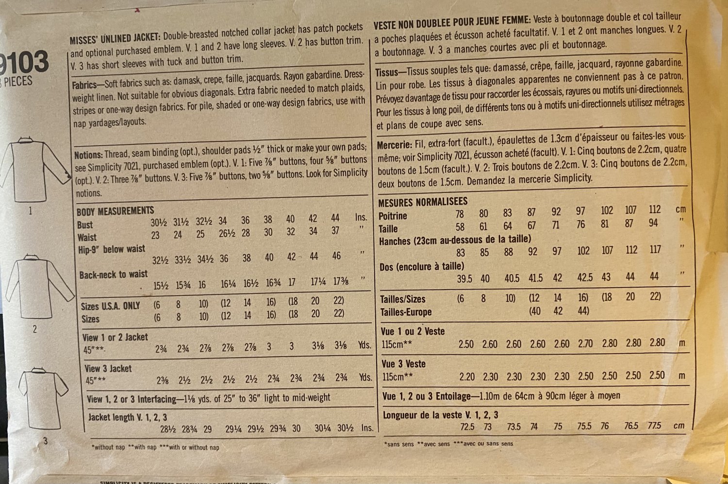 Simplicity 9103 Sewing Pattern Misses Christie Brinkley Unlined Jacket ...