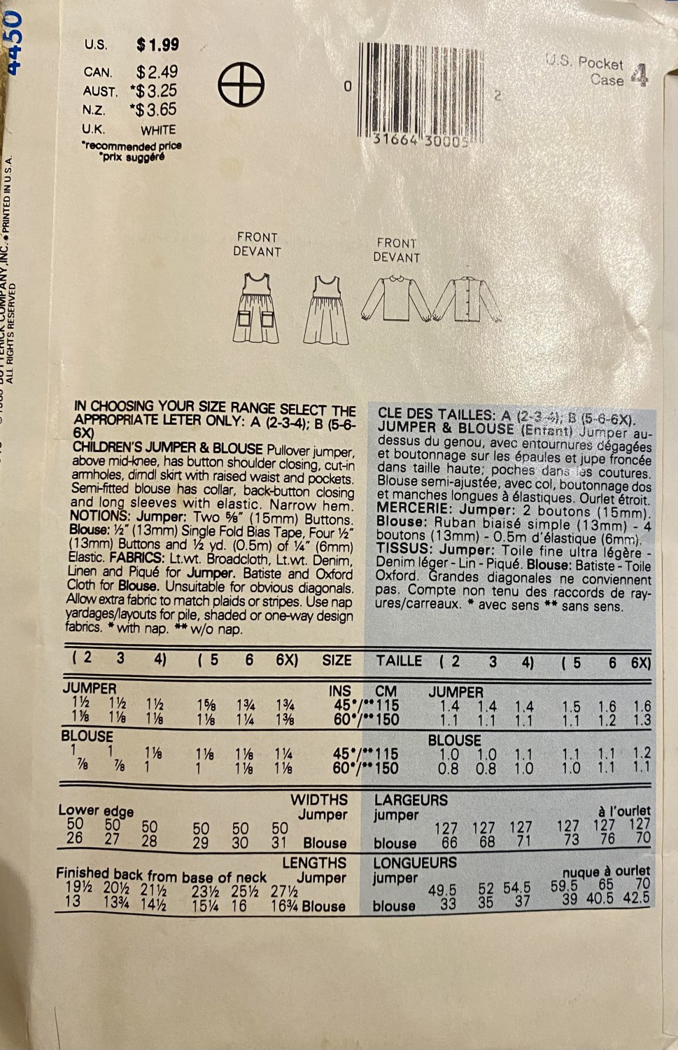 See & Sew Butterick 4450 Children's Jumper & Blouse Sewing Pattern size ...