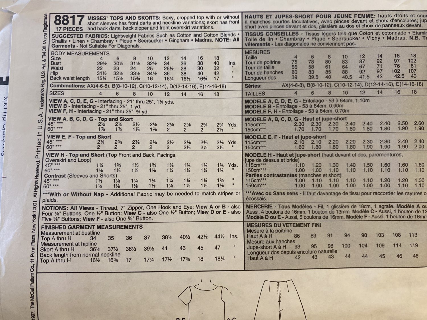 McCall's 8817 Misses' Tops, Skorts Sewing Pattern size 14 16 18