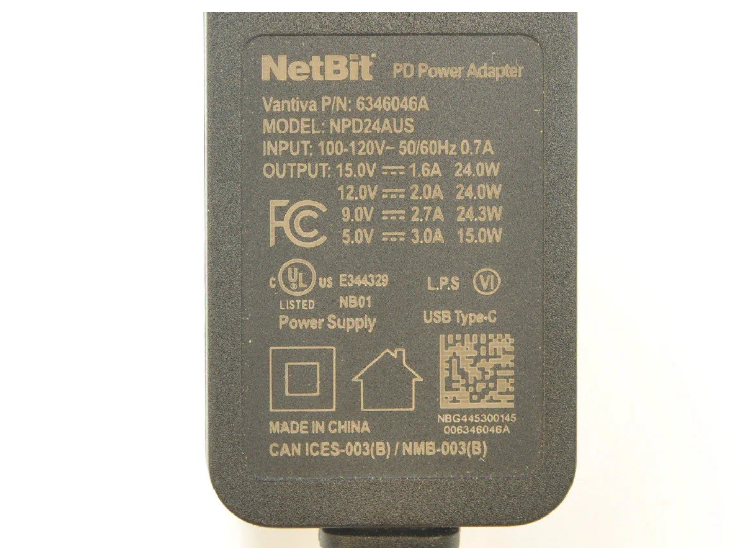 New NetBit PD Power Adapter 5V-3A 9V-2.7A 12V-2A 15V1.6A 24W 6346046A ...