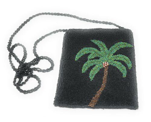 Black Beaded Palm Tree Purse 7inx6in Beaded Strap Zipper New