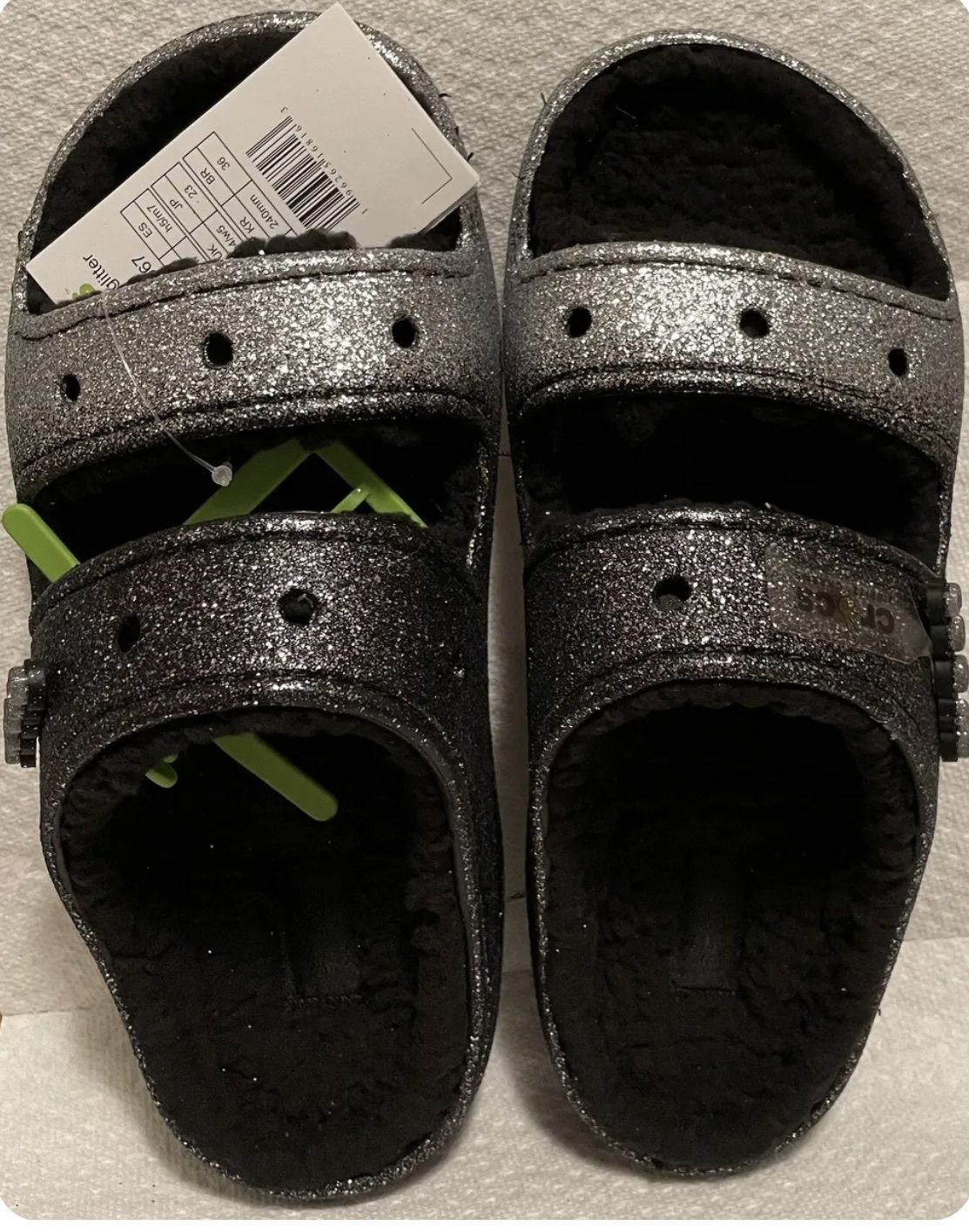 Crocs Cozzzy Classic Sandals Silver Black Glitter Size 7 Women Men 5 New
