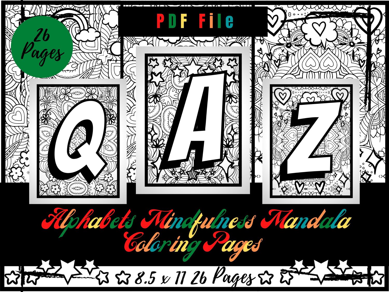 Alphabets Mindfulness Mandala Coloring Pages, Printable Coloring Sheets PDF