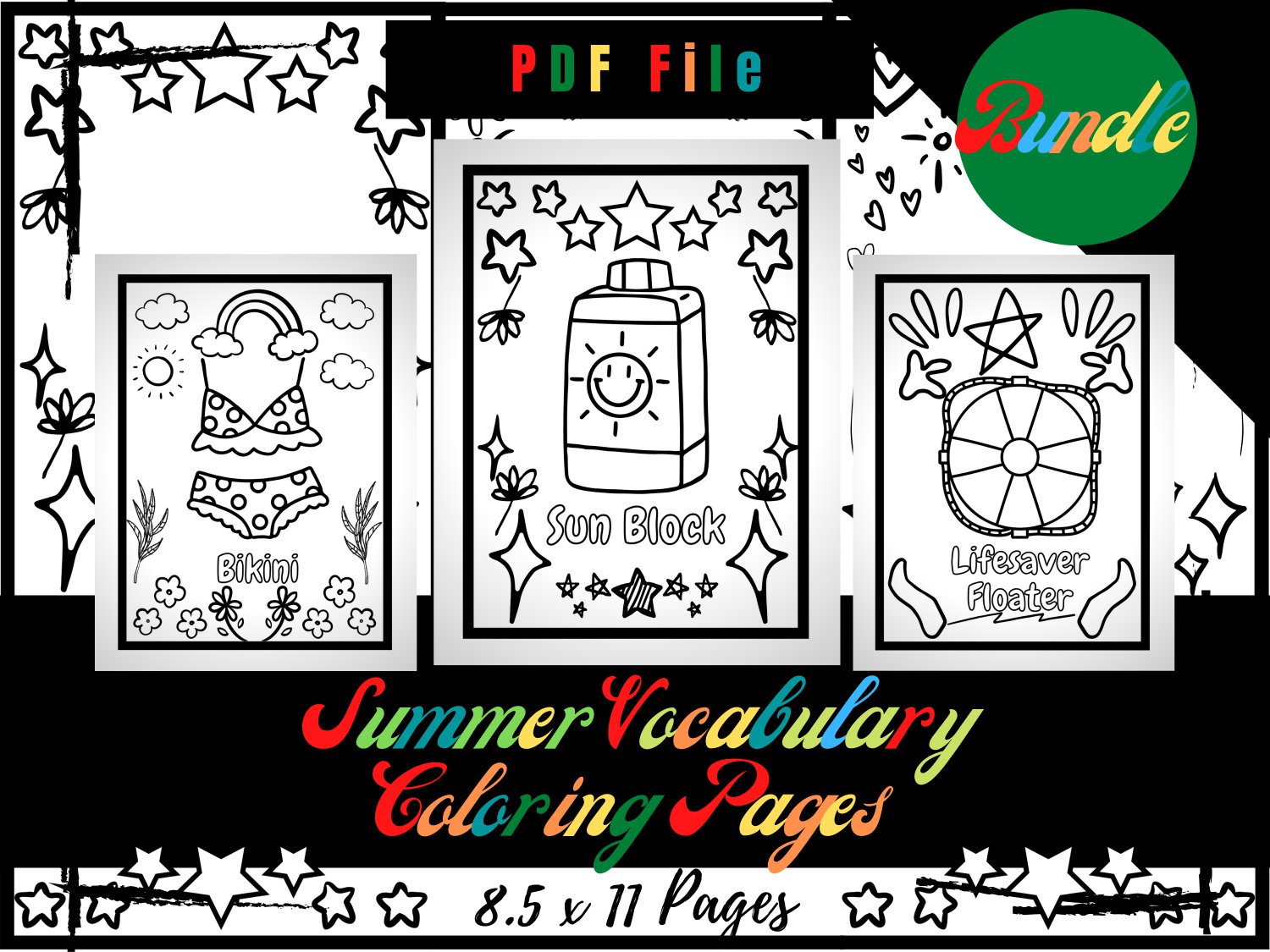 Summer Bundle Vocabulary 20 Coloring Pages, Summer Coloring Sheets PDF