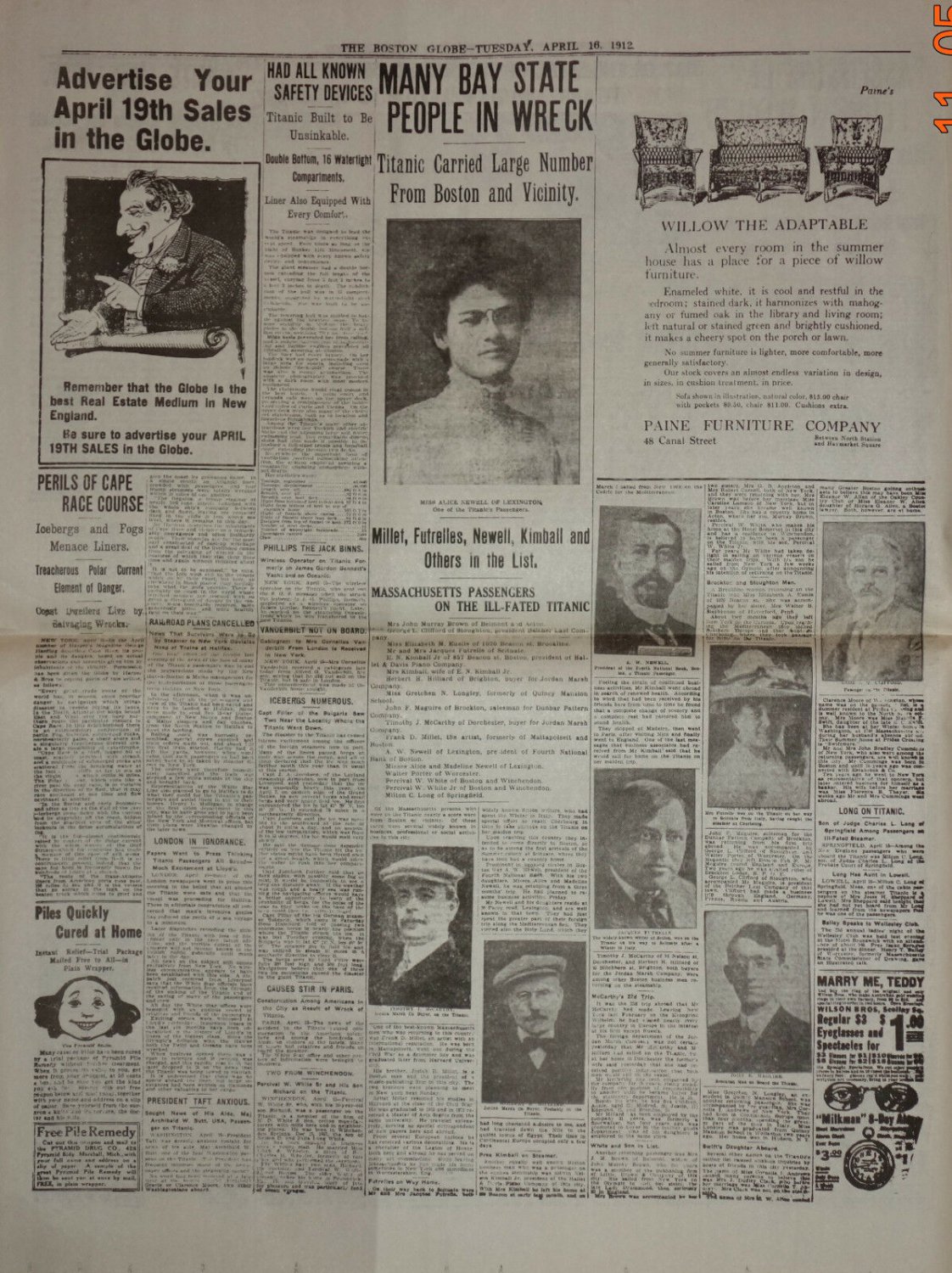 1912 Titanic Historic 3rd Class Ticket + Boston Daily Globe News Print ...
