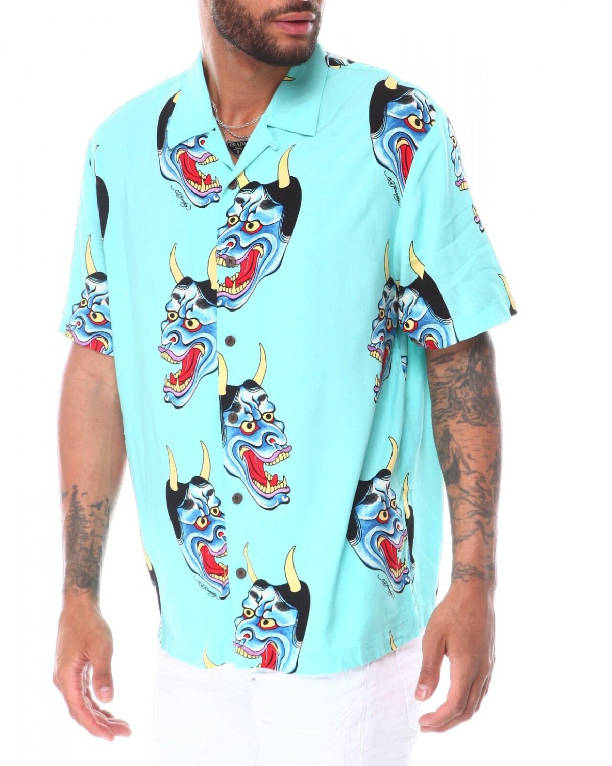 Ed Hardy Devil Face Button Down Camp Shirt Aqua ( M )