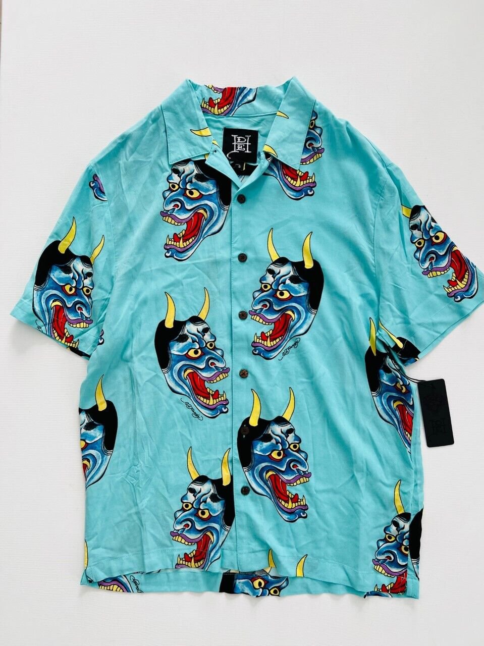 Ed Hardy Devil Face Button Down Camp Shirt Aqua ( M )