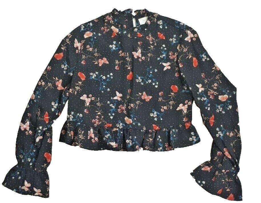 POISON & IVY Black Floral Butterflies Ruffled Crop Top ( S )