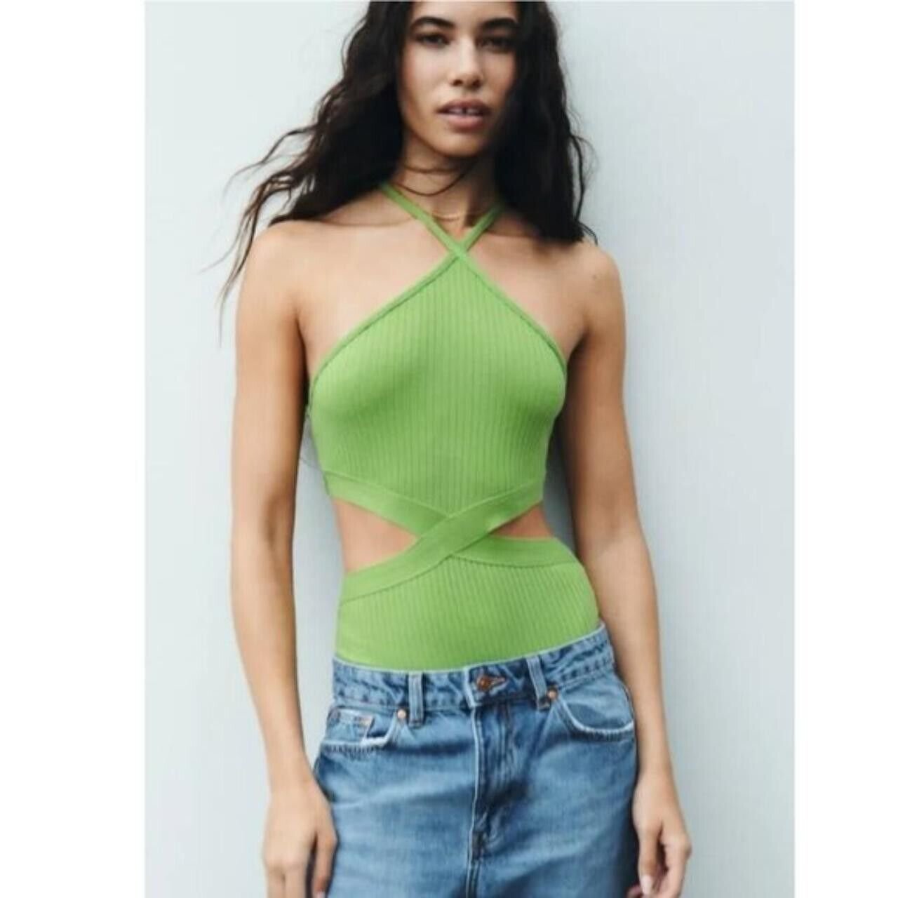 Zara Rib Cutout Y2K Halter Bodysuit Green ( S )