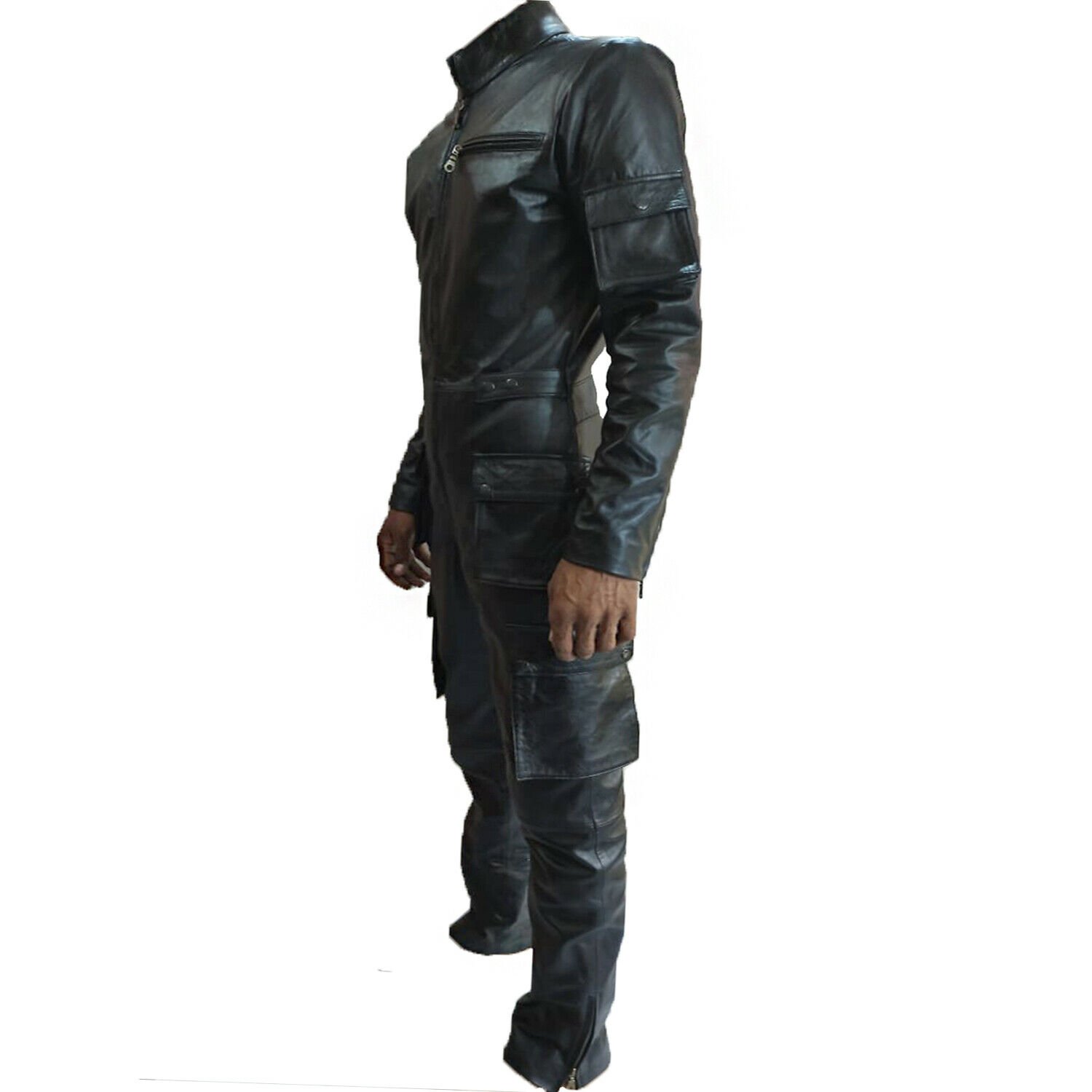 MEN GENUINE LEATHER CATSUIT BLACK BODYSUIT WORKWEAR ROMPER MENS OVERALL ...