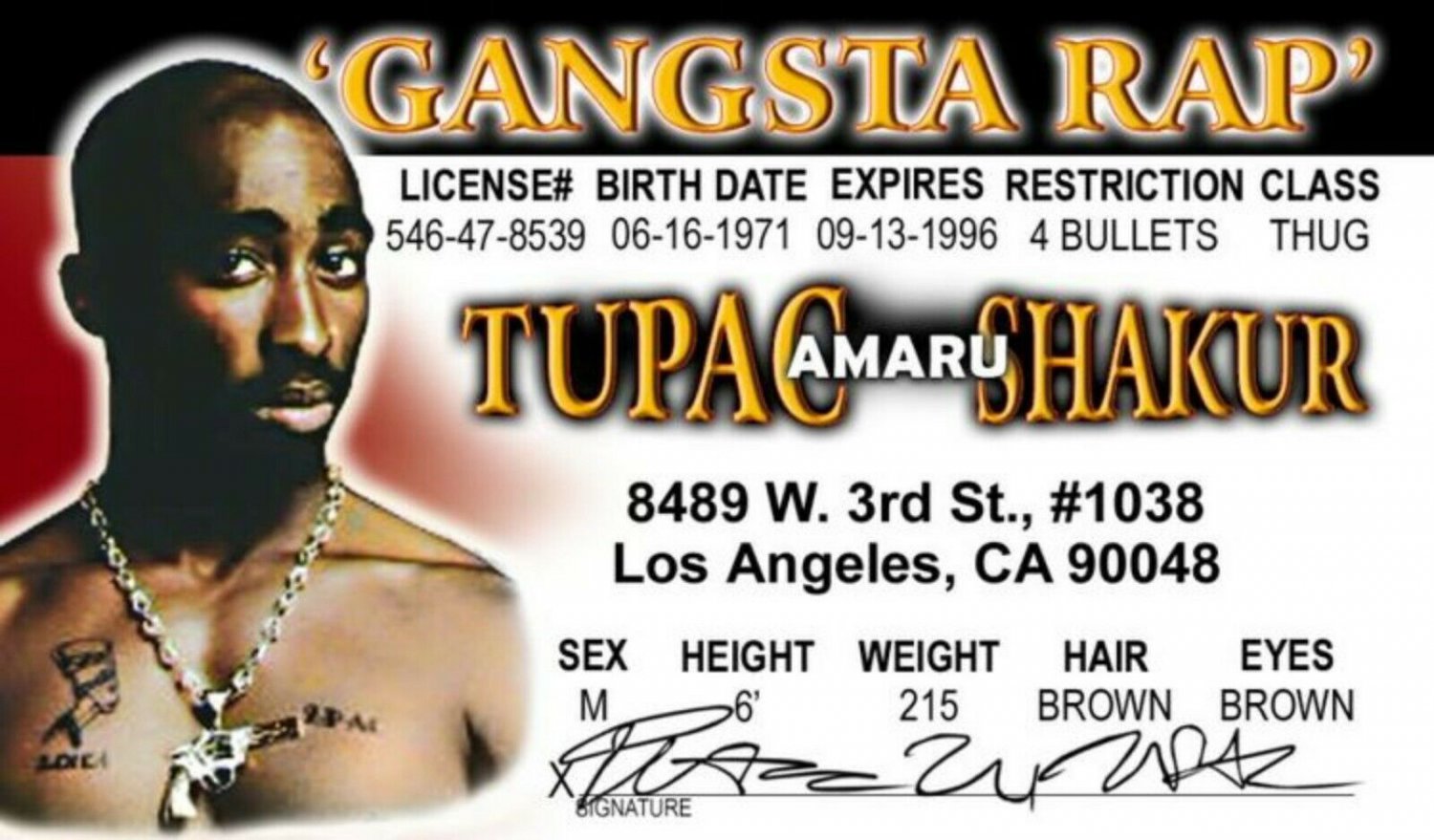 Tupac Shakur Drivers License Novelty ID Card Rap Rapper 2pac 2 pac New ...