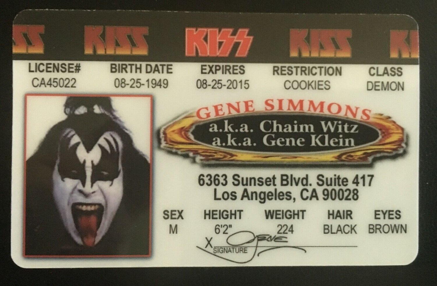 Gene Simmons KISS novelty music collectors card Rock and Roll All Night ...