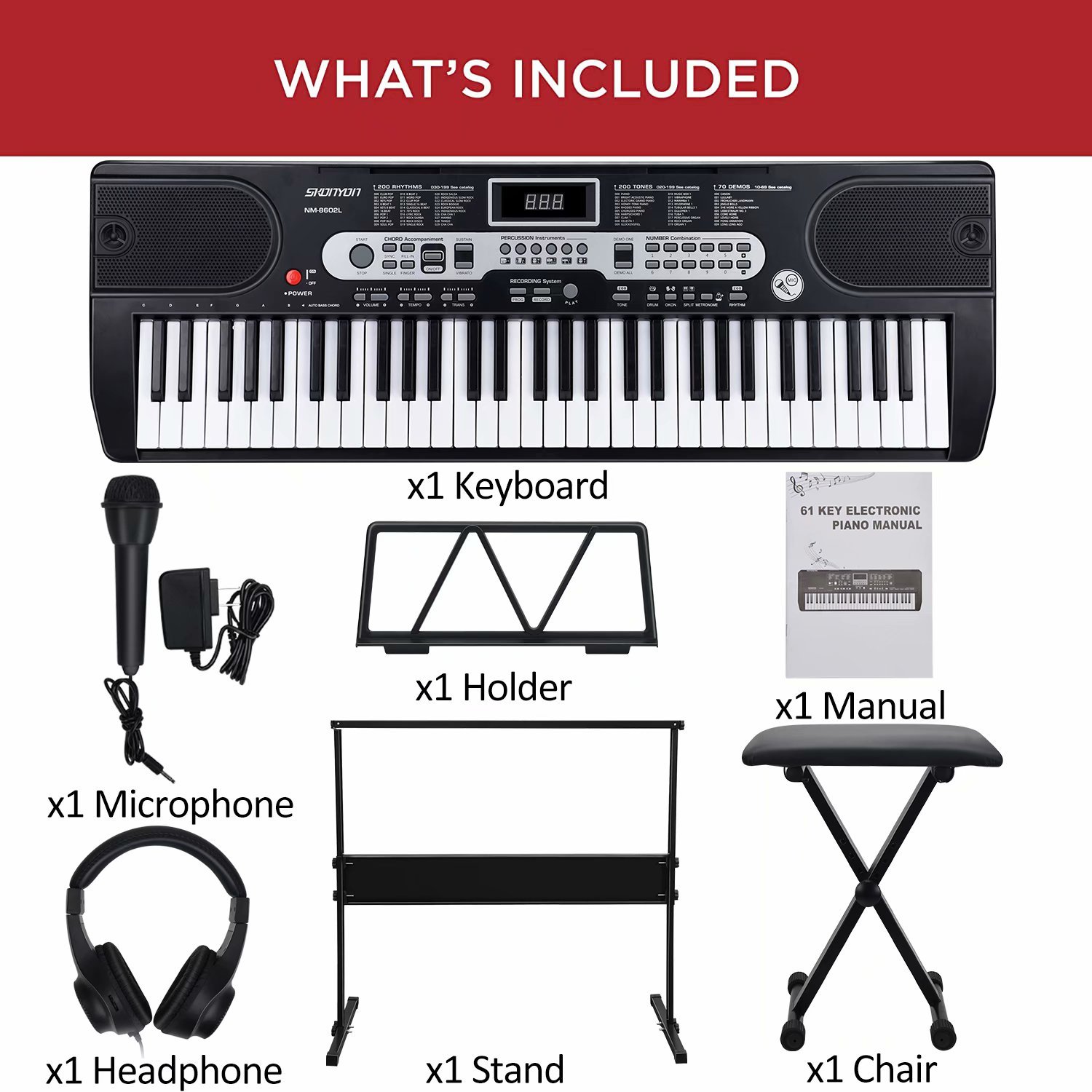 61 Key Beginners Electronic Keyboard Piano Set with LED Screen, Recorder