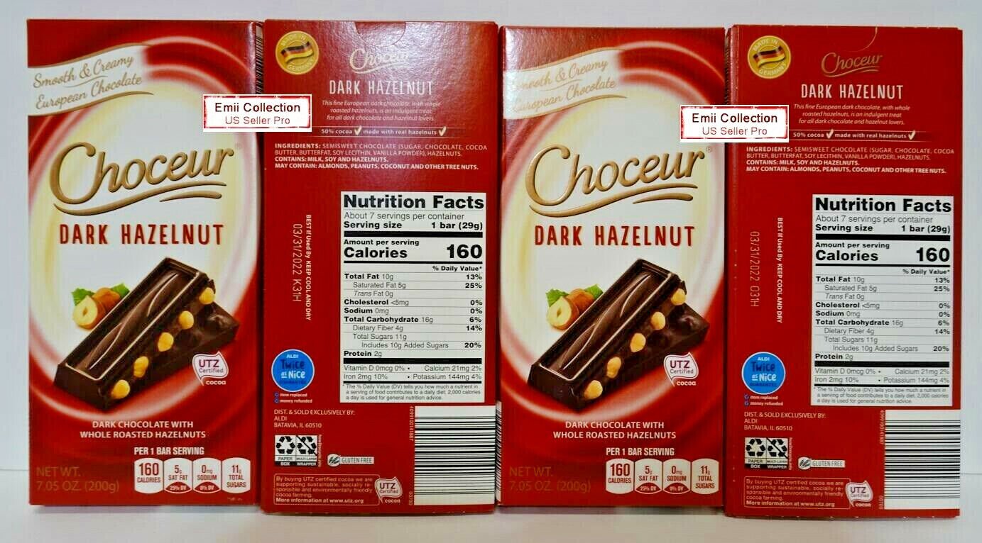 Choceur Dark Chocolate with Roasted Hazelnuts 7.05oz/200g (4 Bars)