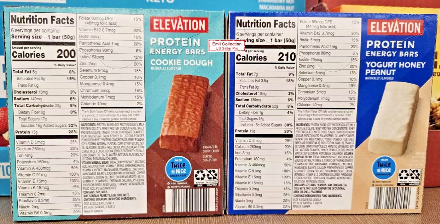 Elevation Protein Energy Bars Cookie Dough & Yogurt Honey Peanut (2 Boxes)