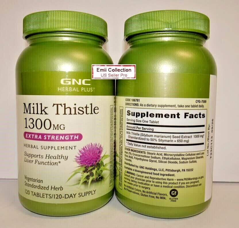 GNC Herbal Plus Milk Thistle 1300MG Extra Strength 120 Tablets Bundle