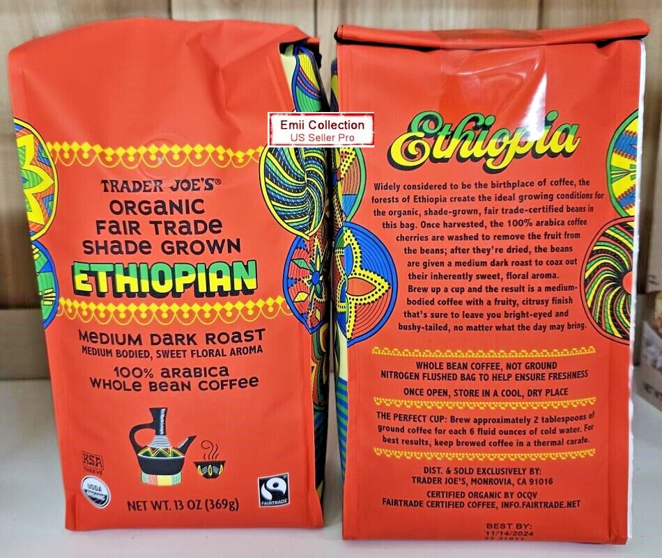 Trader Joe's Organic Ethiopian Medium Dark Roast Whole Beean Coffee (2 ...