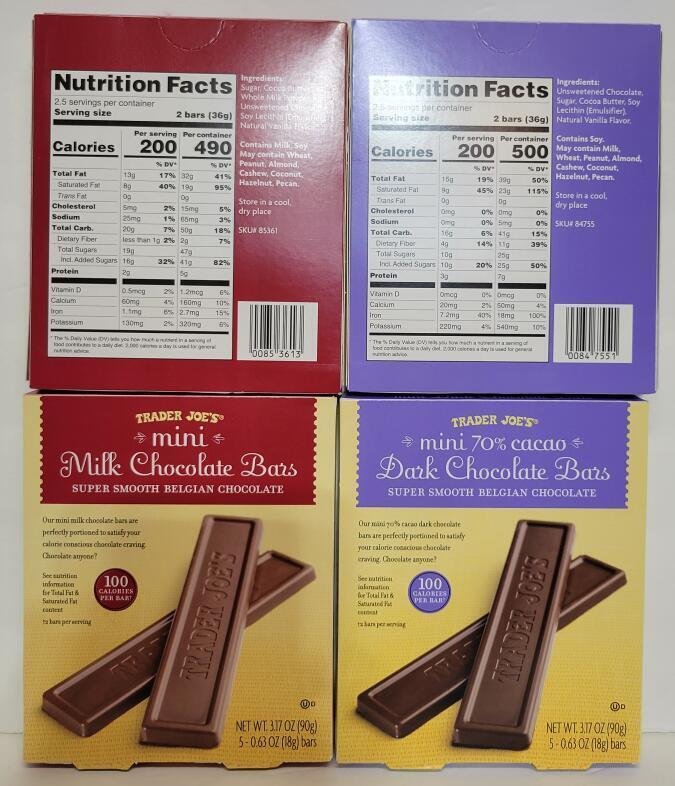 Trader Joe's Mini Milk & 70% Cacao Dark Chocolate Bars 100 Calories Bundle